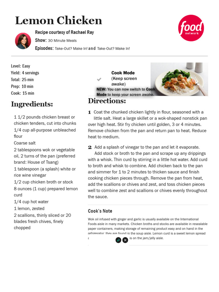 Rachael Ray's Lemon Chicken Recipe | PDF | Stir Frying | Cooking