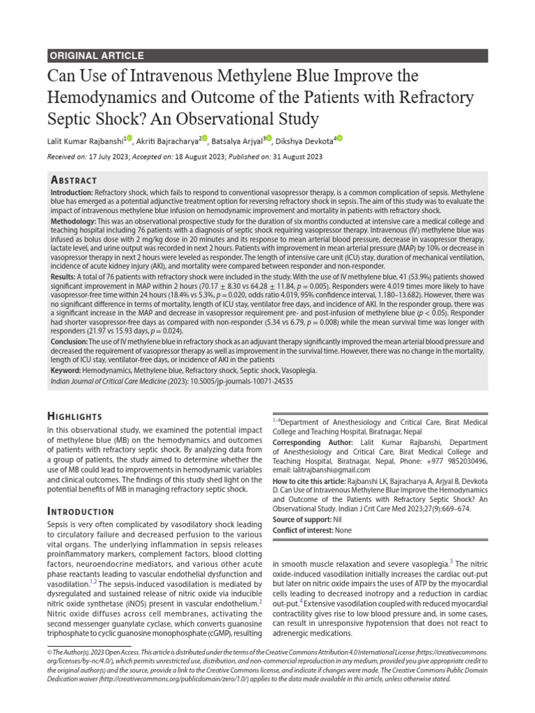Methylene Blue for Refractory Septic Shock | PDF | Sepsis | Shock ...