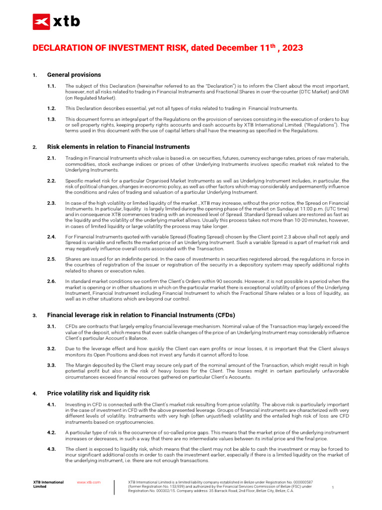 En Declaration of Investment Risk - 20231211-Lic25 | PDF | Contract For ...