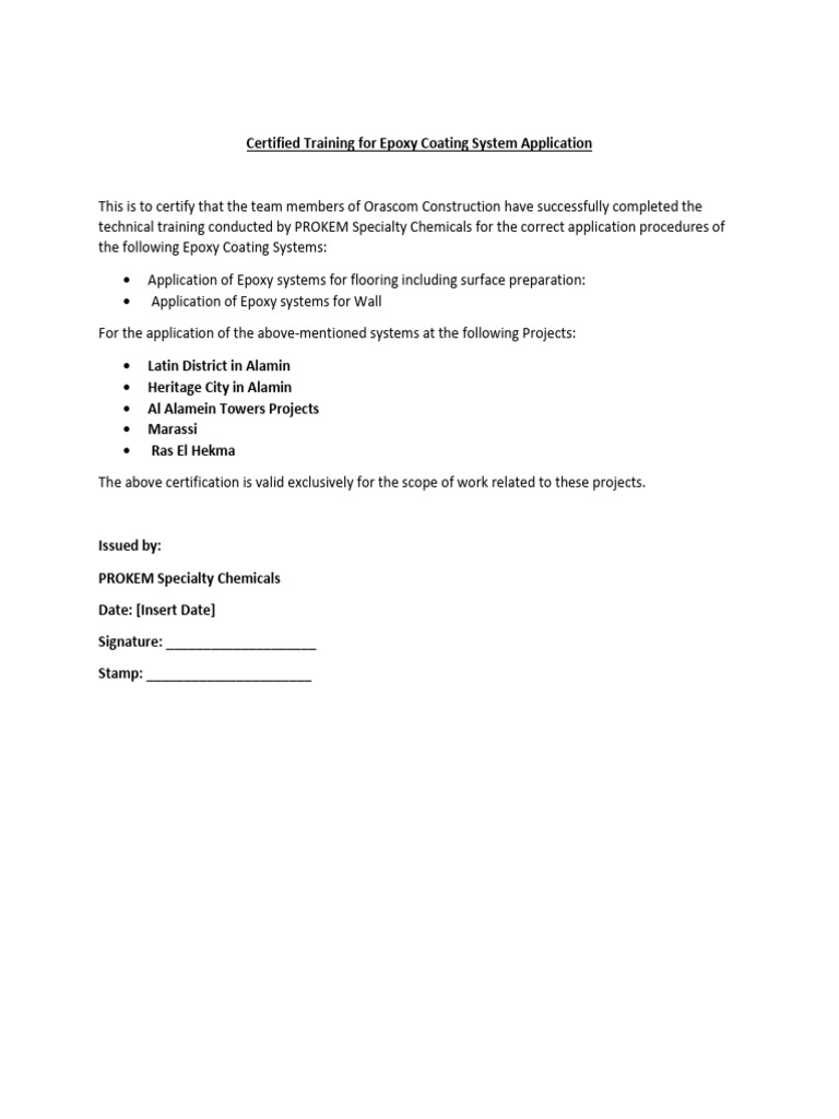 Epoxy Coating Certification for Orascom | PDF