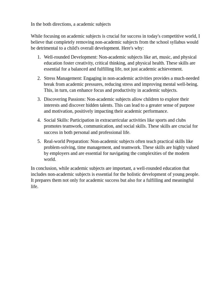 Importance of Non-Academic Subjects | PDF