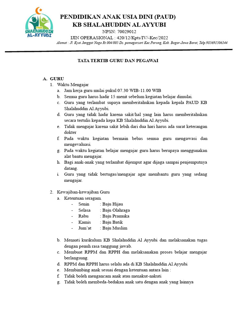 Tata Tertib di KB Shalahuddin Al Ayyubi | PDF