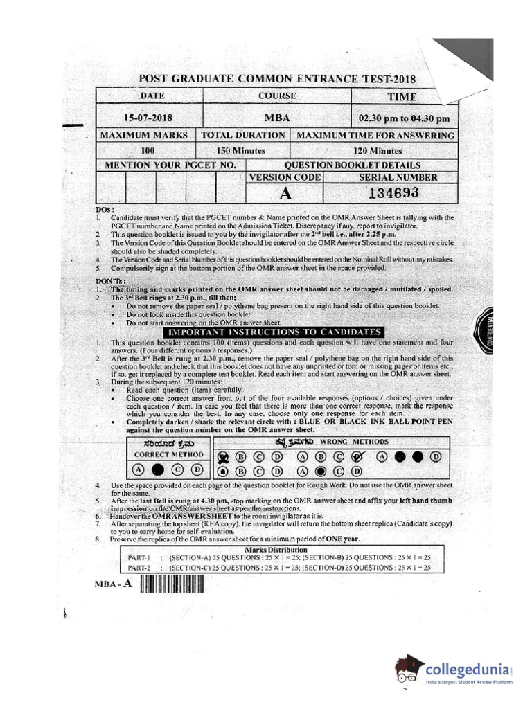 Pgcet 2018 Question Paper | PDF