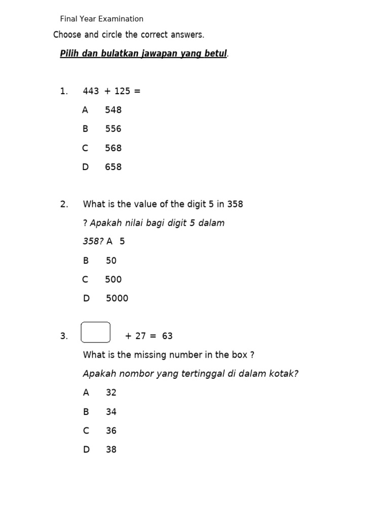 Ujian Akhir Tahun KSSR Tahun 2 Matematik Kertas1 Set2 | PDF