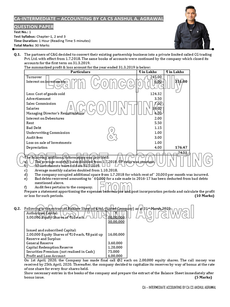 Accounting Question Paper - Test-1 Ch.1,2 & 3 | PDF | Equity (Finance ...