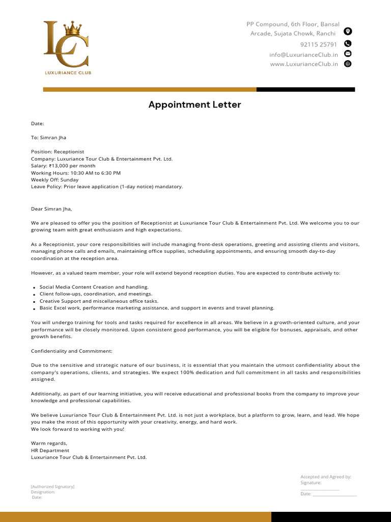 Simran Appointment Letter PDF | PDF