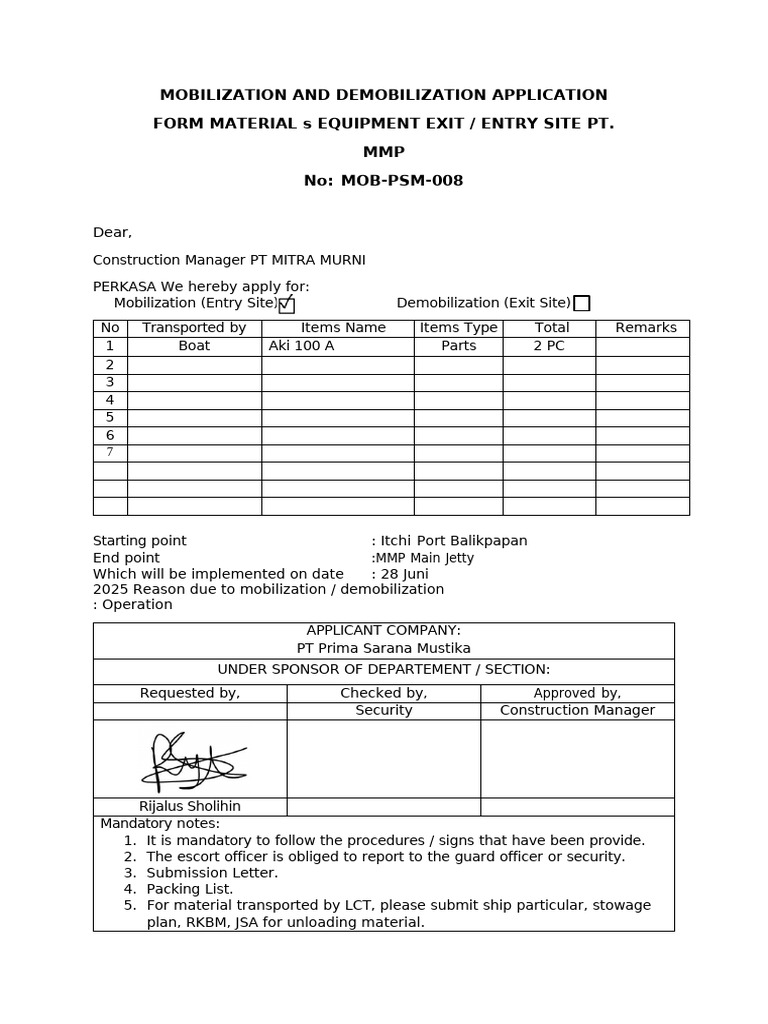 Shell Mobilization and Demobilization Application Form | PDF