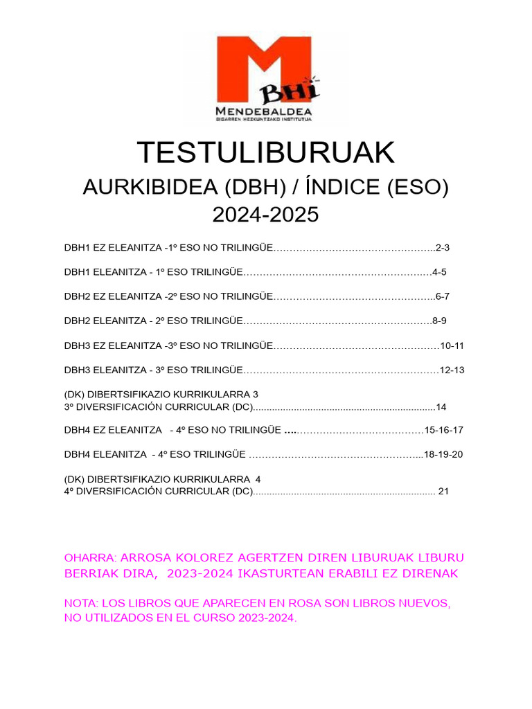 Liburuen Zerrenda (DBH) 2024-2025 Listado de Libros (Eso) - 1 | PDF
