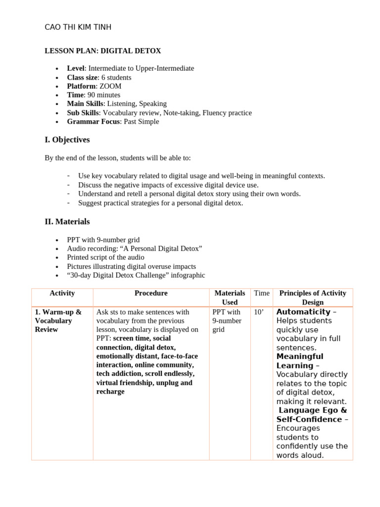 LESSON PLAN - Digital Detox | PDF | Vocabulary | Motivation