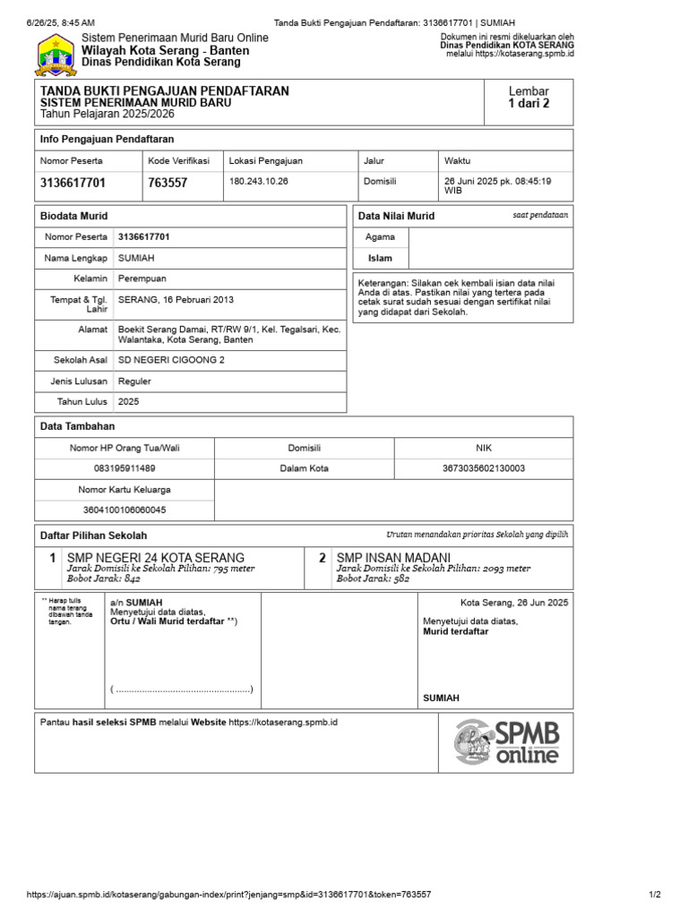 Tanda Bukti Pengajuan Pendaftaran - 3136617701 - SUMIAH | PDF
