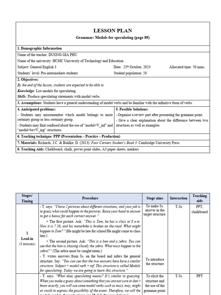 Four Corners - Lesson Plan | PDF | Cognitive Science | Grammar