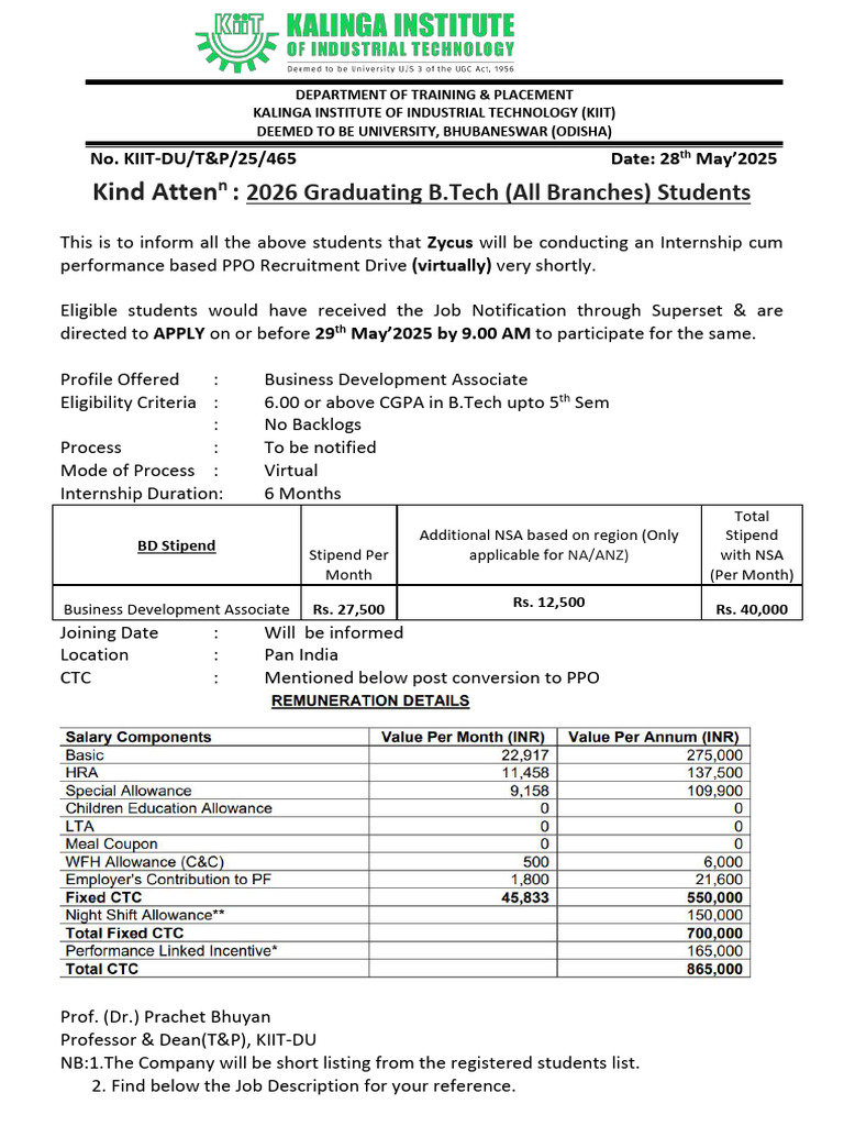 Registration For Zycus Internship Cum PPO Recruitment Drive - 2026 Graduating Batch | PDF ...