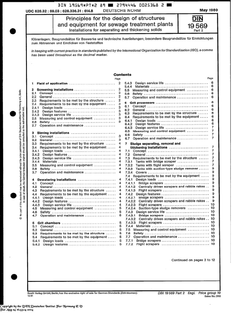 DIN 19569 2 1989, Principles For | PDF