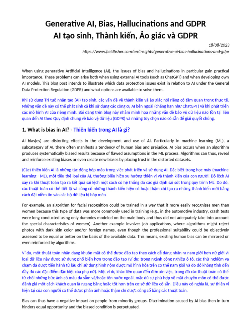 Generative AI, Bias, Hallucinations and GDPR | PDF