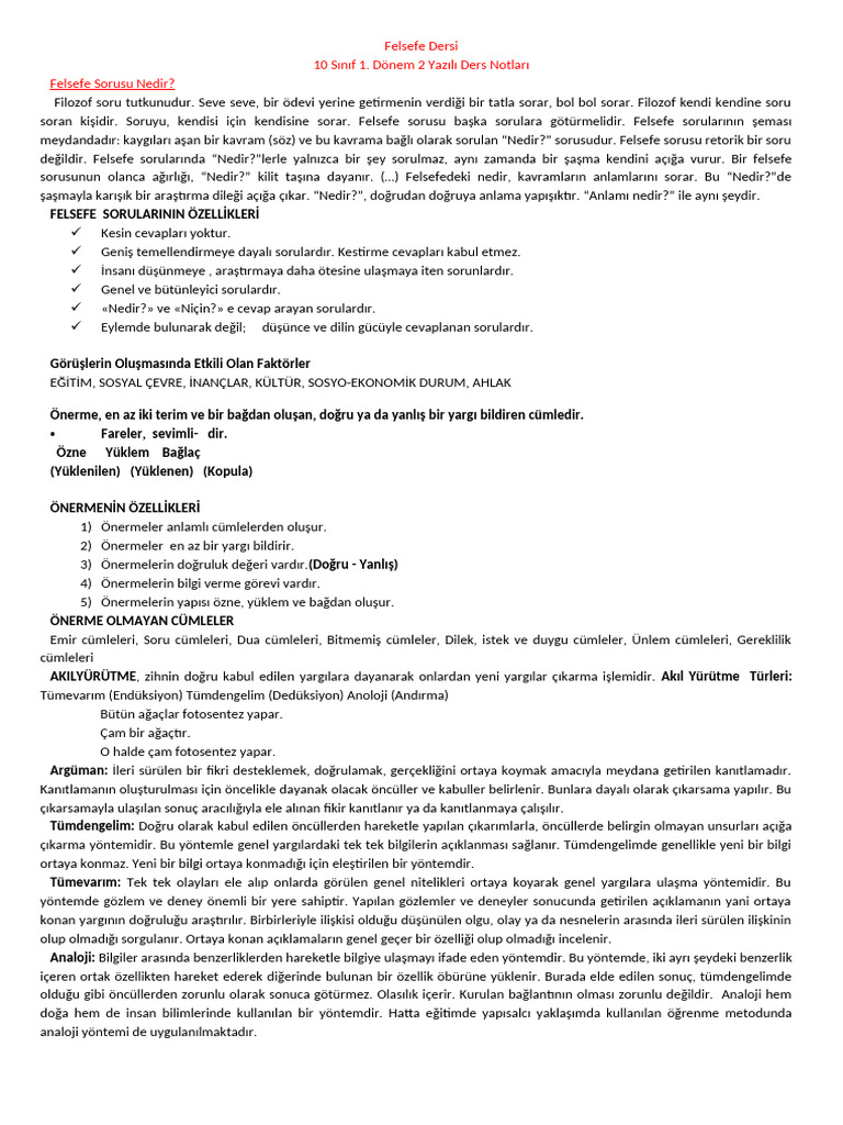 Ders Notu 10 Sınıf Felsefe Dersi Notu 1 D 2 Yazılı | PDF