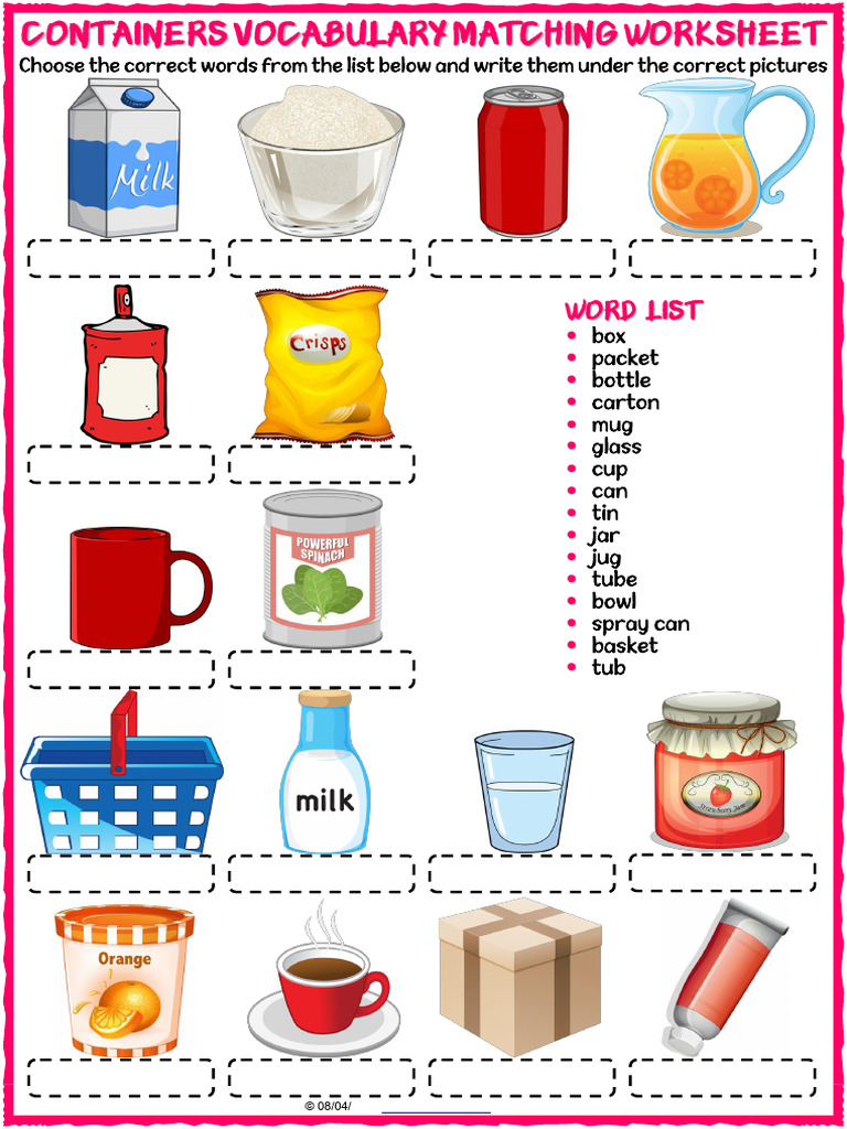 Containers Vocabulary Esl Matching Exercise Worksheet For Kids | PDF