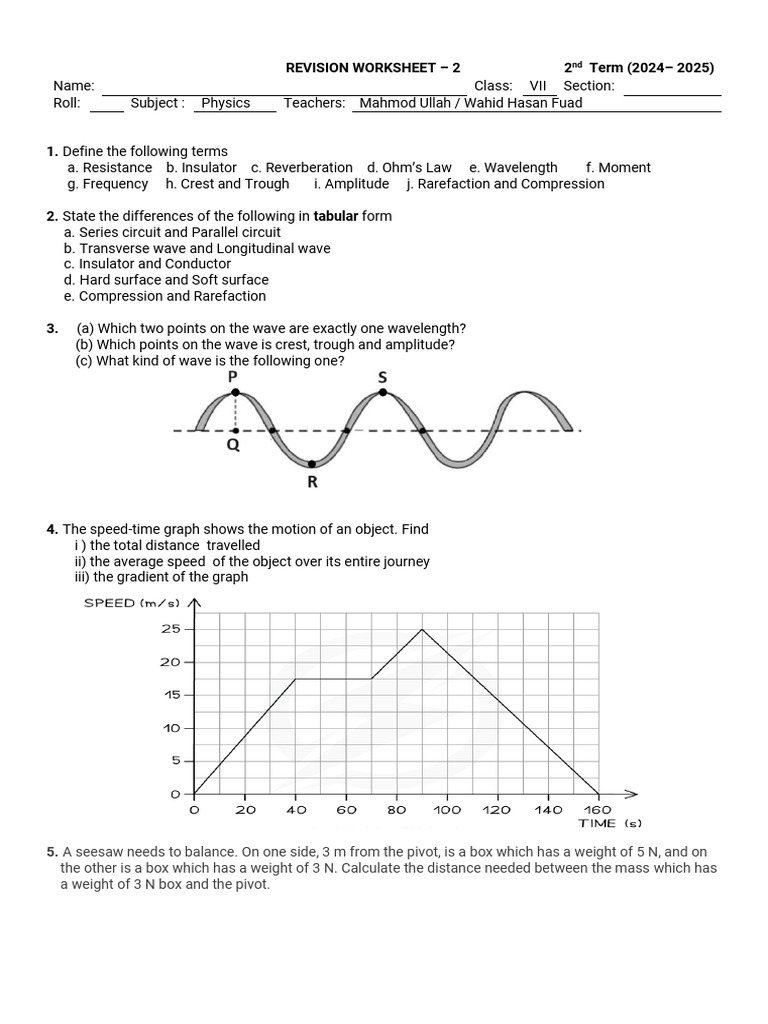 VII Physics Revision Worksheet 2 | PDF