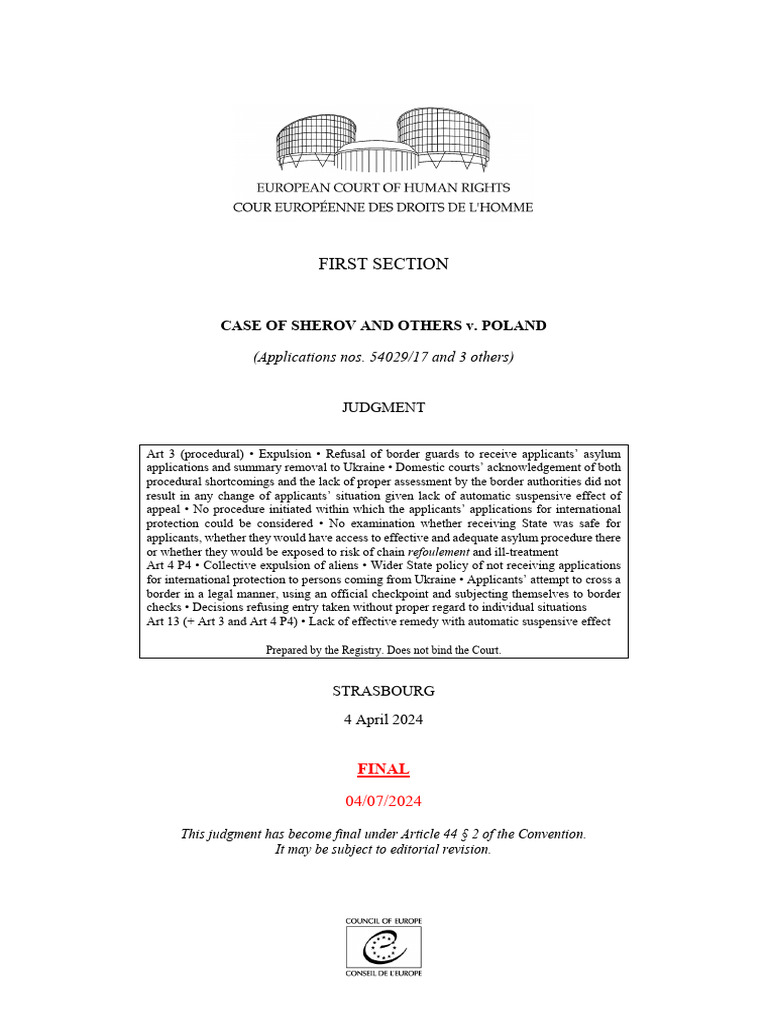 Case of Sherov and Others v. Poland Pushback Poland Belarus | PDF ...