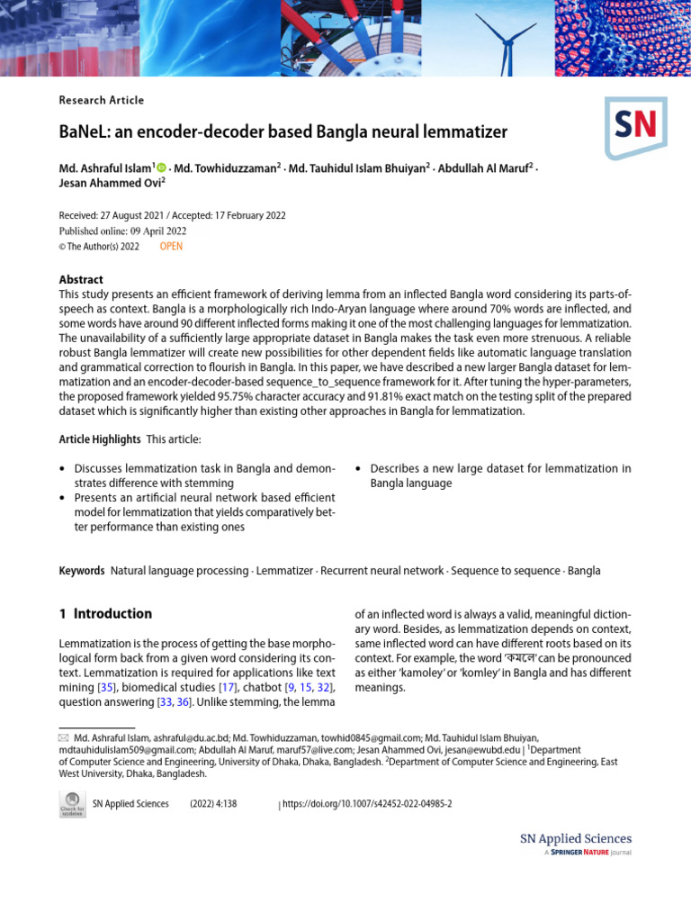 BaNeL An Encoder Decoder Based Bangla Neural Lemmatizer | PDF | Part Of ...