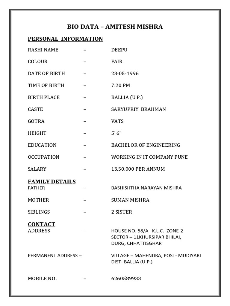 Amitesh Mishra Bio Data | PDF