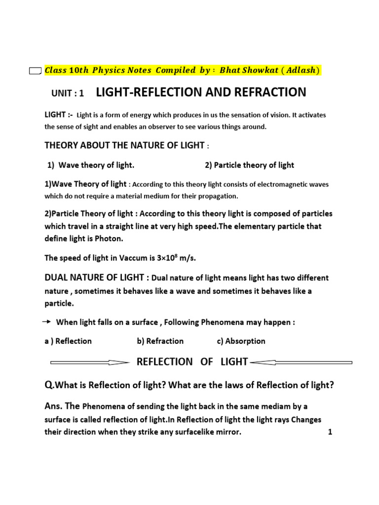 Class 10th Physics Notes Light UNIT | PDF | Reflection (Physics) | Mirror