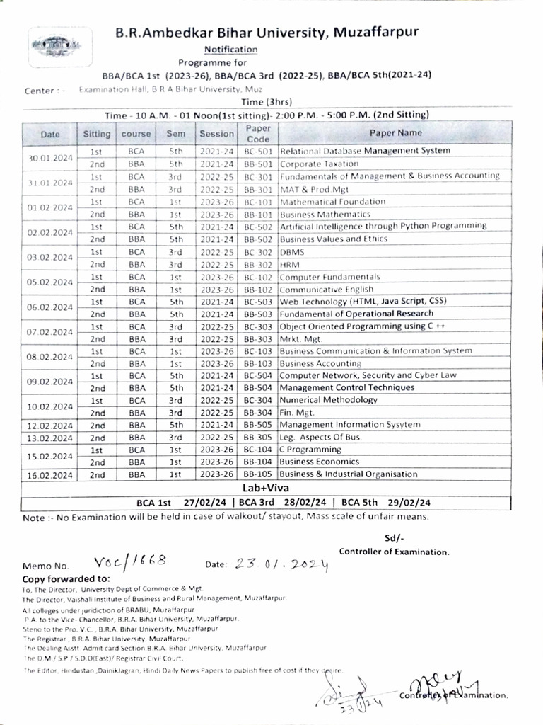 Program For BBA, BCA, MCA, PGDCA, HJMC, PGDYS, RUSSIAN AND NOTICE FOR B VOC EXAM 2023 | PDF