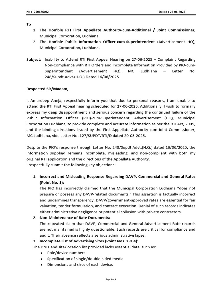Letter Inability To Attend RTI First Appeal Hearing On 27-06-2025 & PIO Not Povide Proper ...