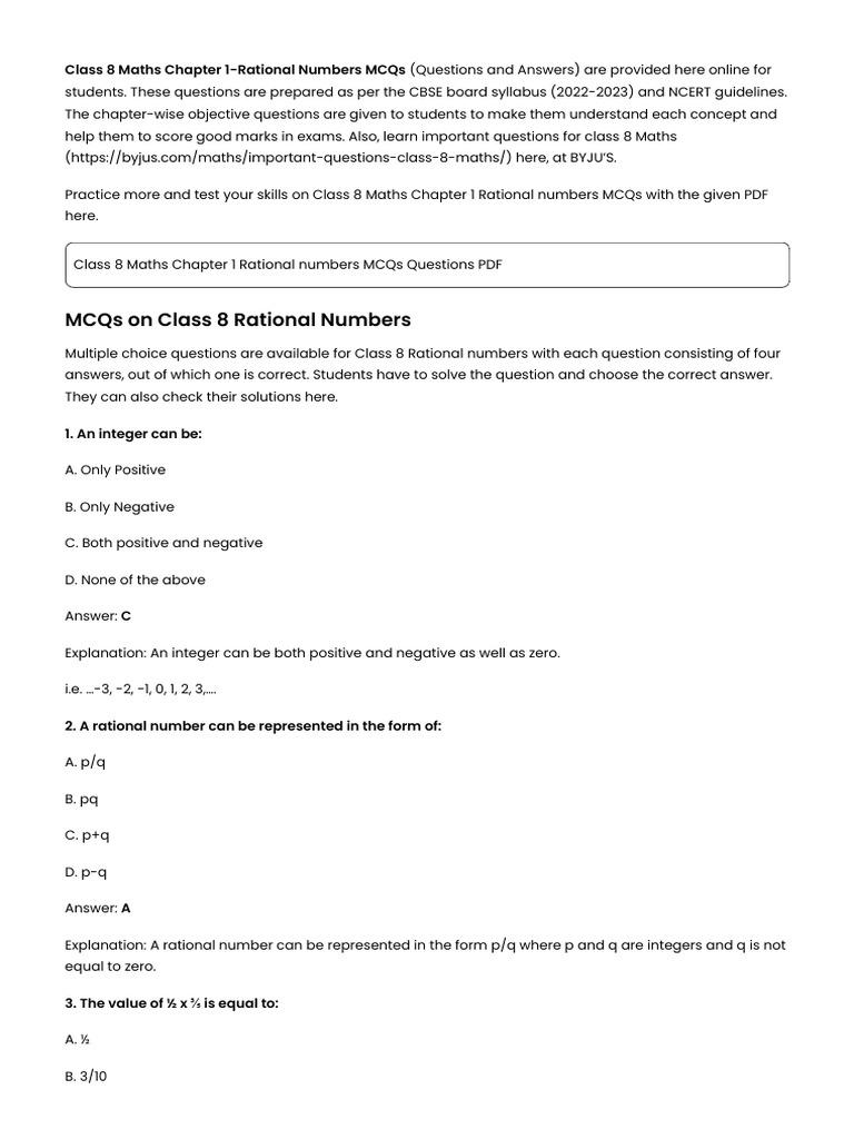 Maths Class 8 Maths Chapter 1 Rational Numbers Mcqs | PDF ...