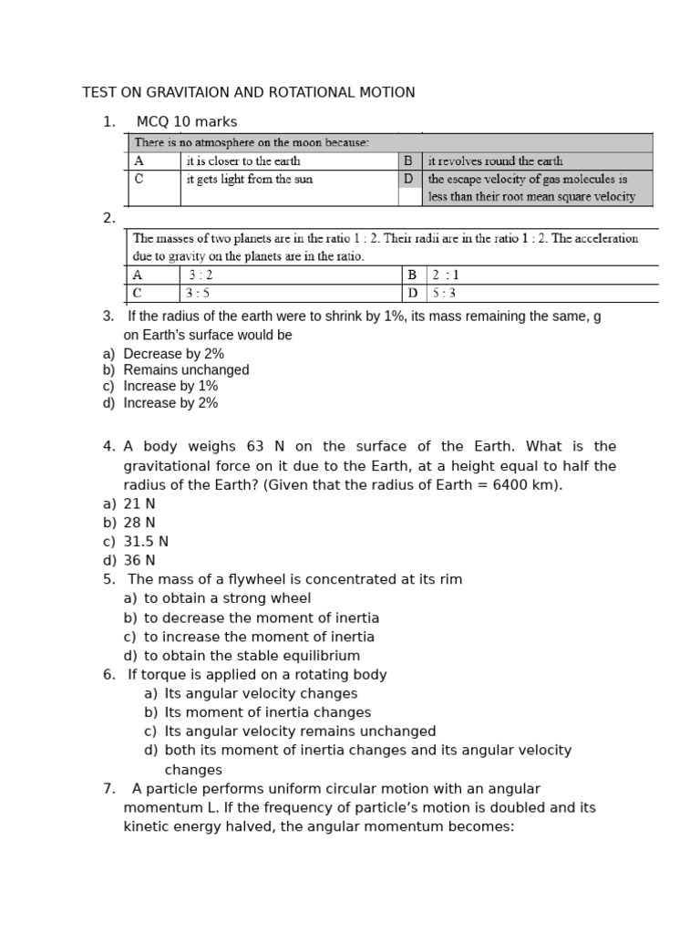 Test On Gravitaion and Rotational Motion | PDF | Angular Momentum ...