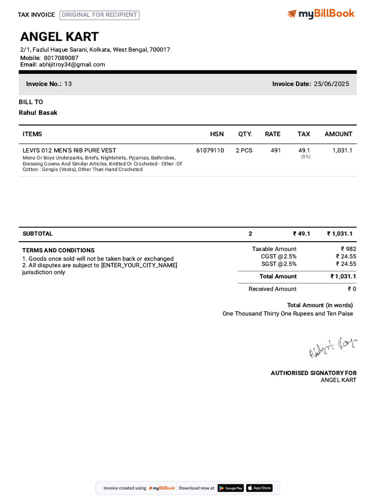 13 Sales Invoice Rahul Basak | PDF