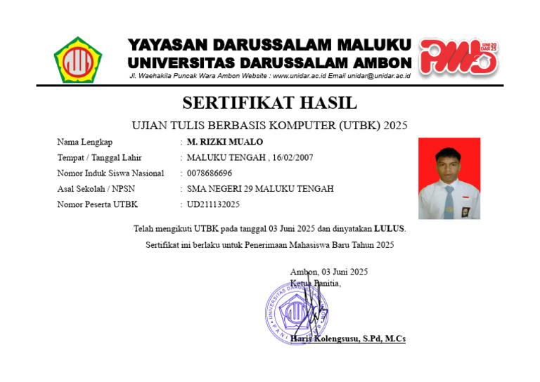 Sertifikat Utbk Ud211132025 - M. Rizki Mualo | PDF