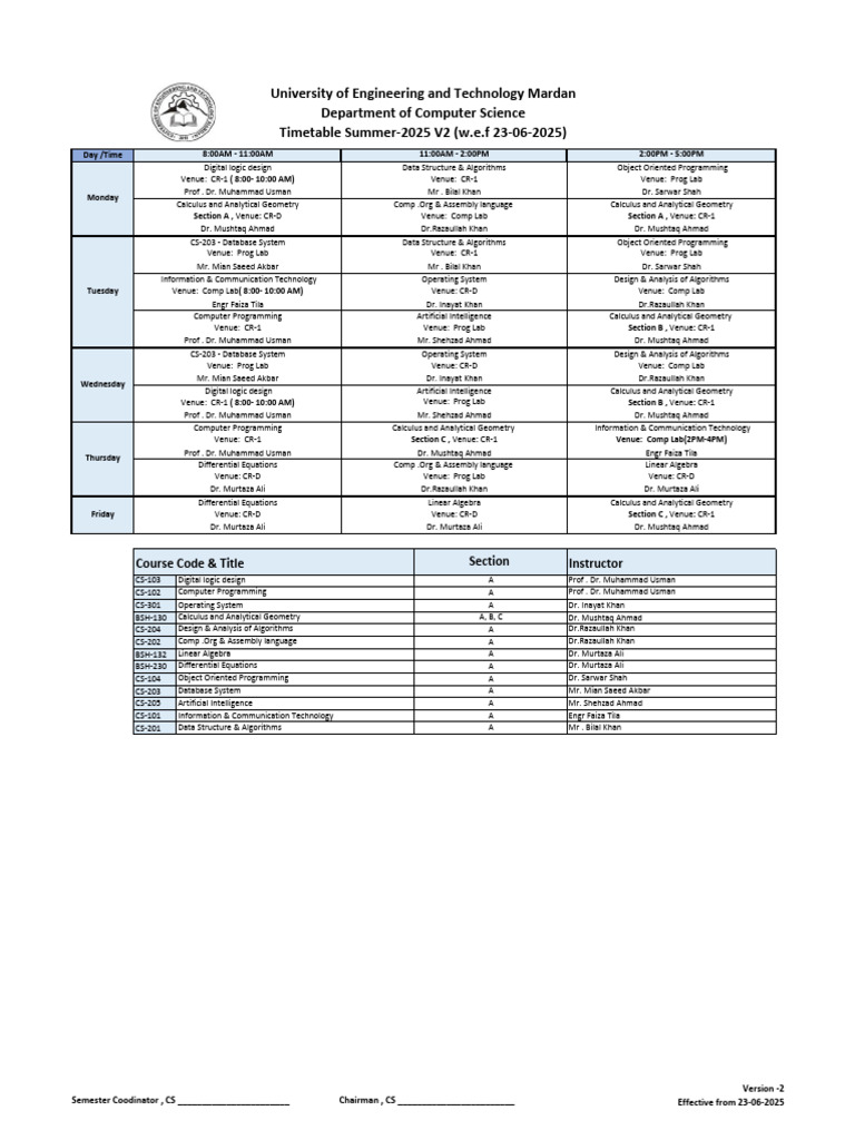 CS Summer 2025 Timetable V2 W.E.F 23-06-2025 | PDF | Equations ...