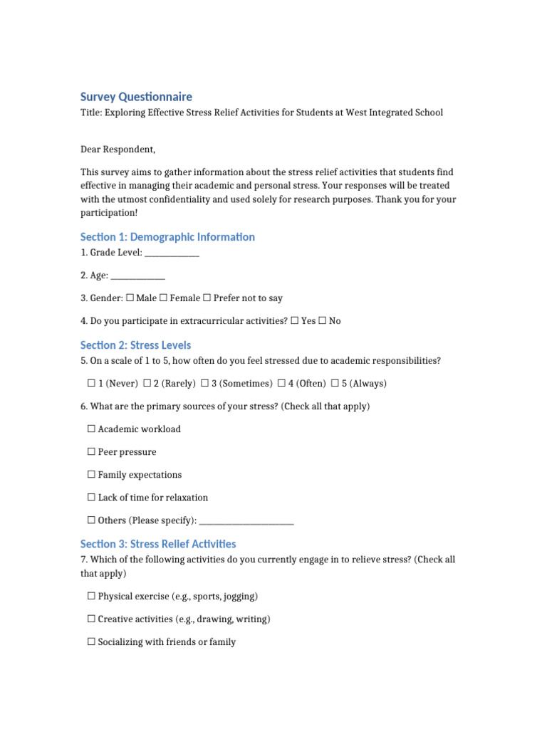 Survey Questionnaire Stress Relief | PDF