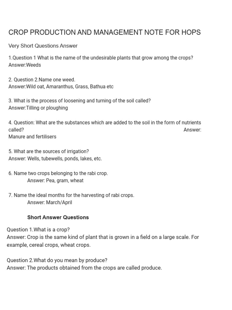 Crop Production and Management Note For Hops Classes | PDF | Weed | Cereals