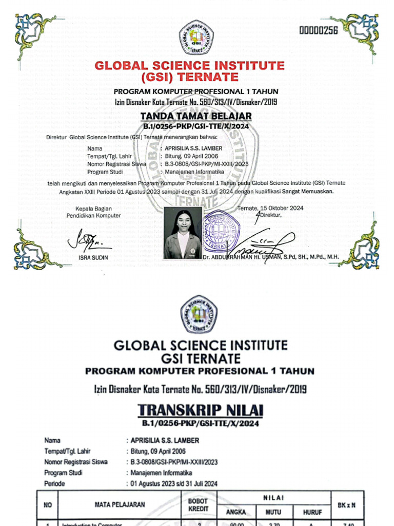 Ijazah & Transkrip Nilai | PDF