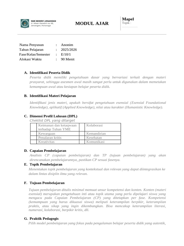 Template Dan Contoh Modul Ajar | PDF