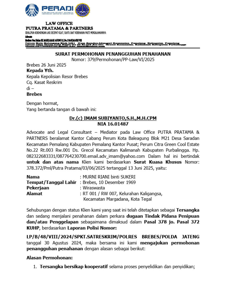 Surat Permohonan Penangguhan Penahanan | PDF