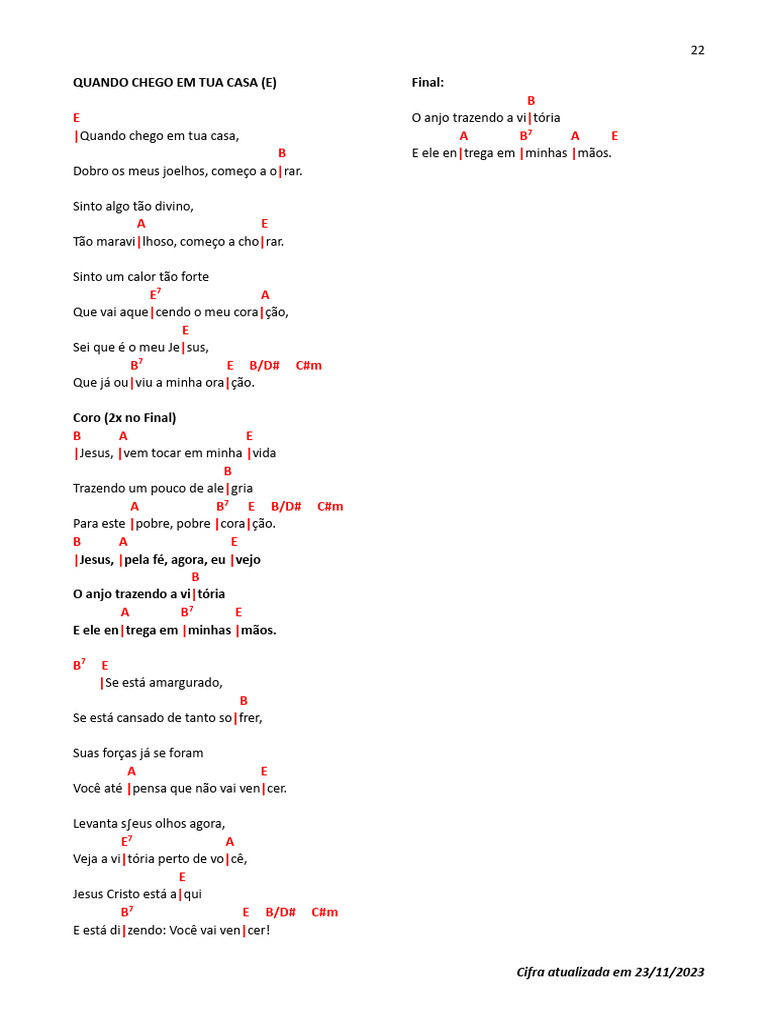 Letra da Música "Quando Chego em Tua Casa" | PDF