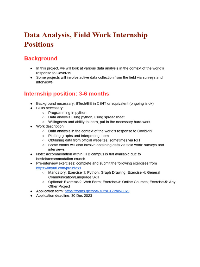 Data Analysis Field Work Internship Positions Pdf