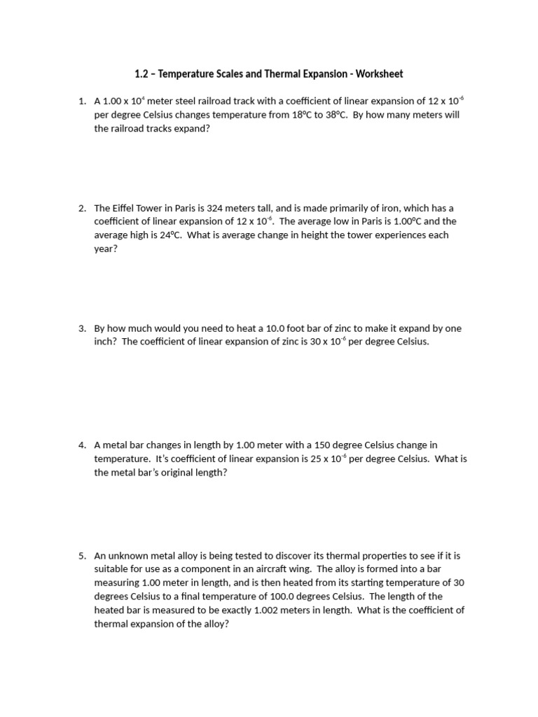 Thermal Expansion Worksheet | PDF
