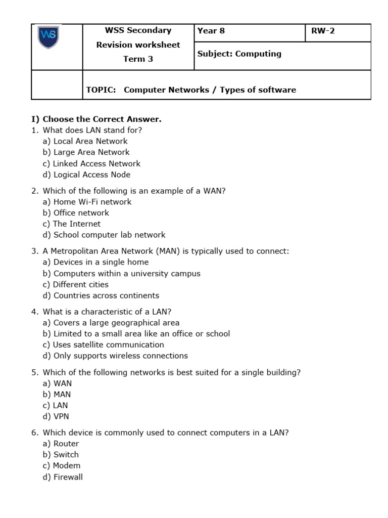 Y8 T3 Revision Worksheet 2 | PDF | Computer Network | Local Area Network
