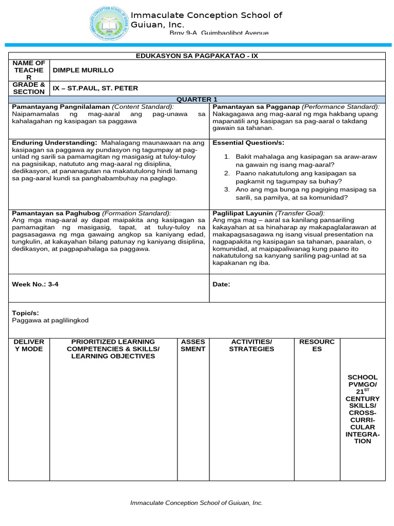 Immaculate Conception School of Guiuan, Inc.: (Content Standard) : (Performance Standard) | PDF