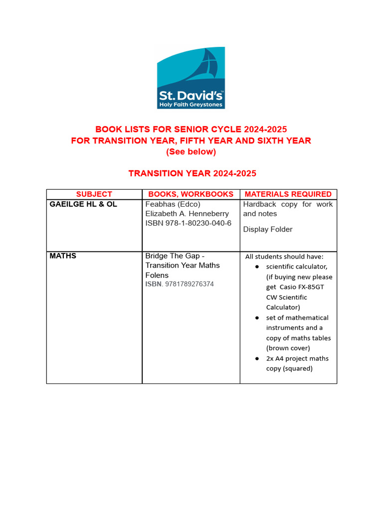 Senior Cycle Book List 2024-2025 | PDF
