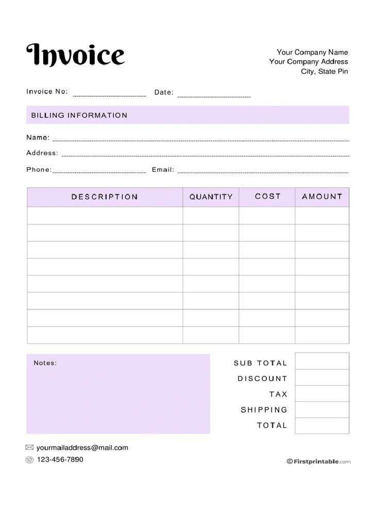 Modern Blank Invoice Printable Template - Purple | PDF