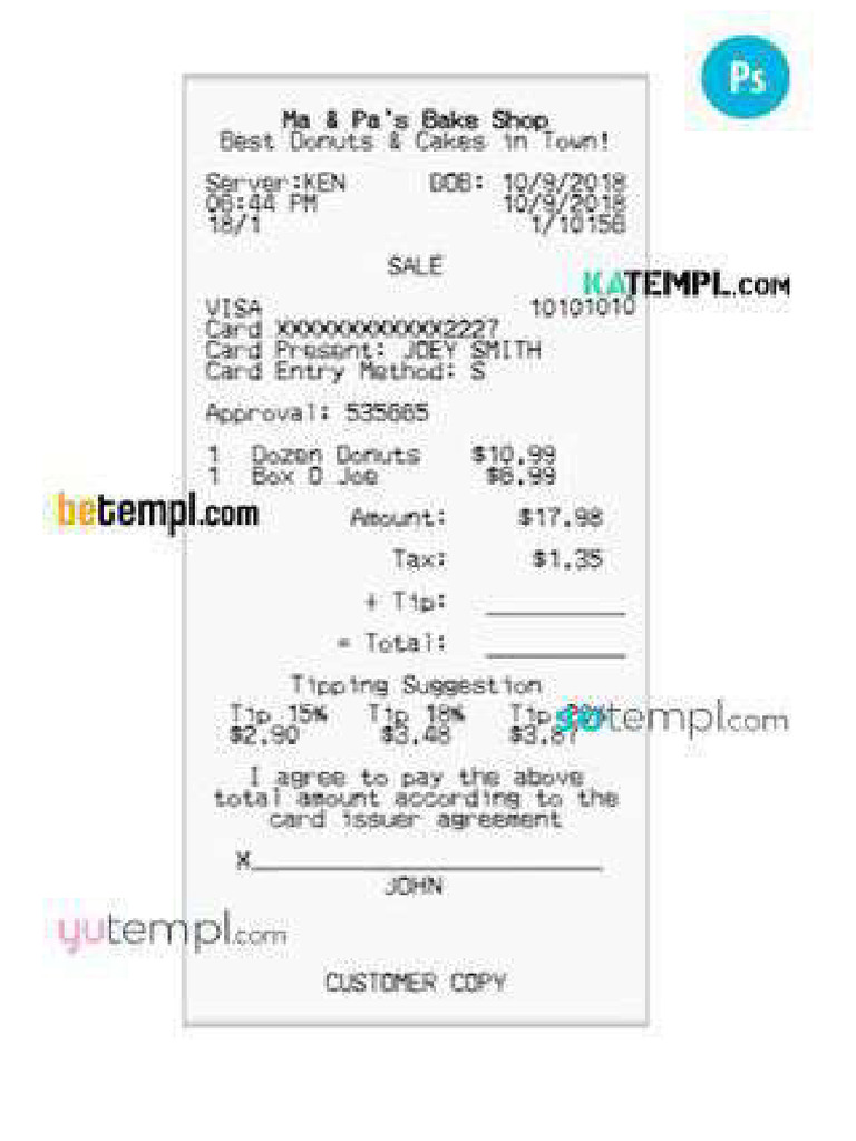 Ma & Pa's Bake Shop Receipt PSD Template | PDF