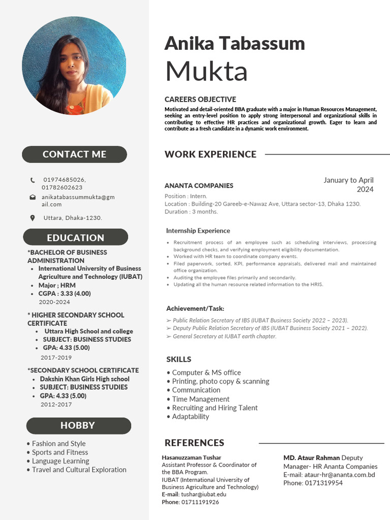 Anika Tabassum Mukta Resume | PDF | Human Resource Management | Applied Psychology