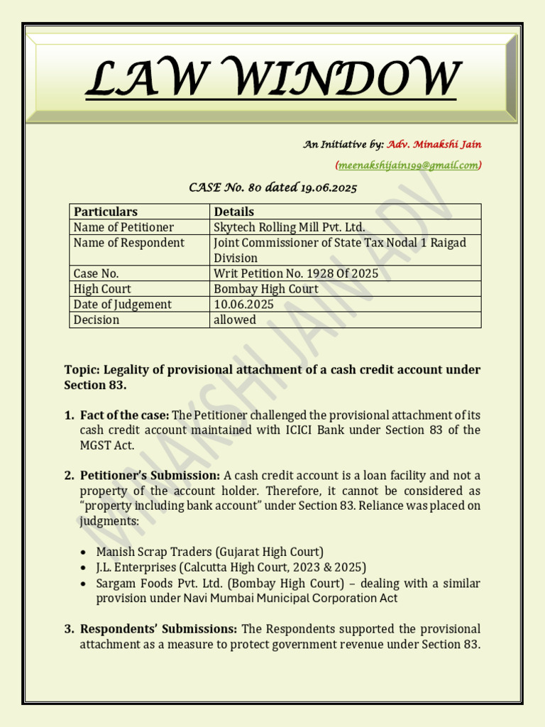 Case No. 80 - Legality of Provisional Attachment of A Cash Credit ...