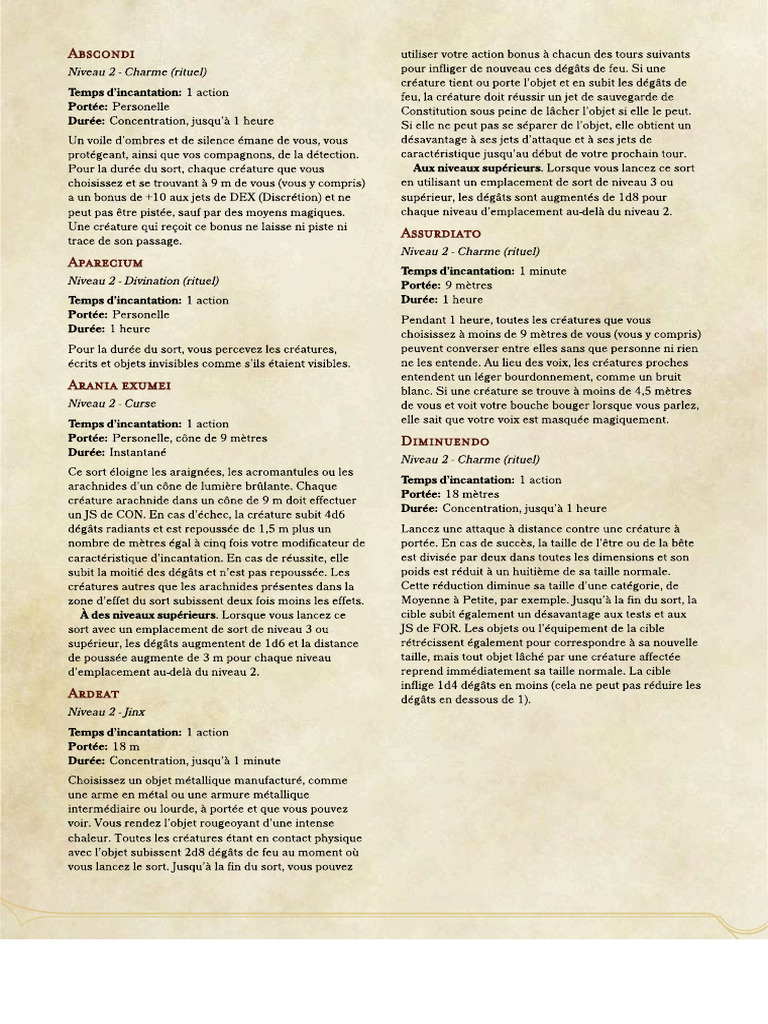 Sorts de Niveau 2 HP Dnd5e | PDF