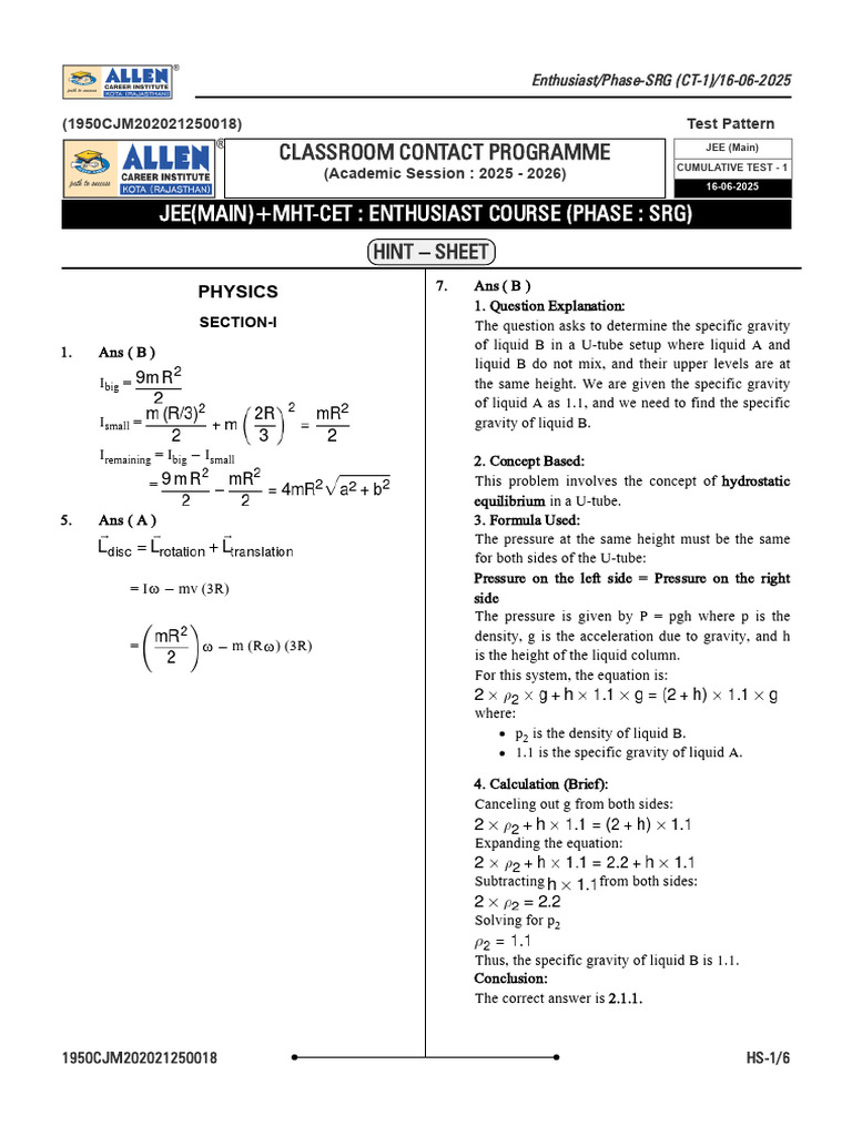 16 05 Jm+Cet Enthusiast SRG (Ct-1) Paper Solution | PDF | Pressure | Mole (Unit)