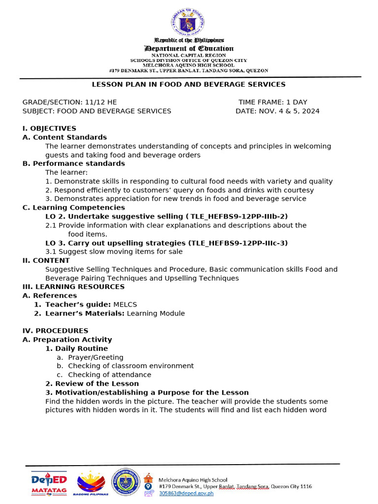 Food and Beverage Service Lesson Plan | PDF | Waiting Staff | Restaurants